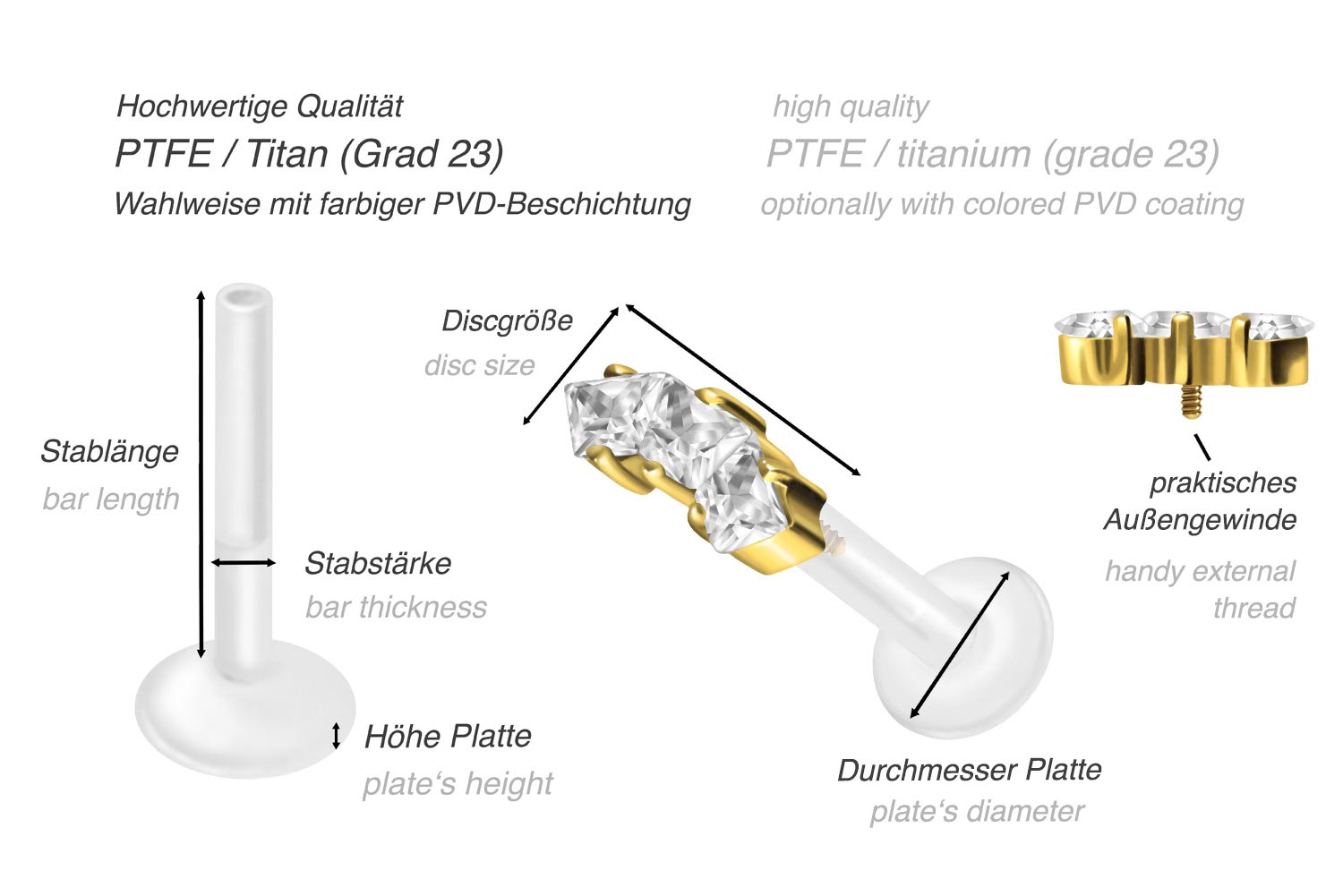 PTFE labret with internal thread + titanium attachment SETTED CRYSTAL ...
